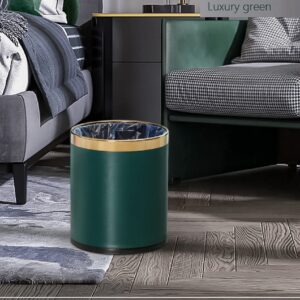 Luxury Metal Waste Bin 10L, Double Layer Trash Can PU Leather Covered Round Wastebasket Dust Bins for Kitchen Bathroom Hotel Office (MOLADI Green)