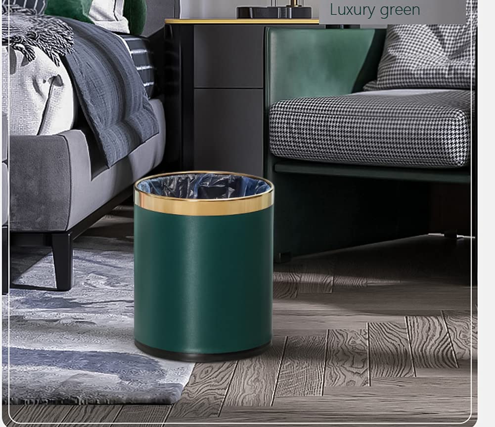 Luxury Metal Waste Bin 10L, Double Layer Trash Can PU Leather Covered Round Wastebasket Dust Bins for Kitchen Bathroom Hotel Office (MOLADI Green)