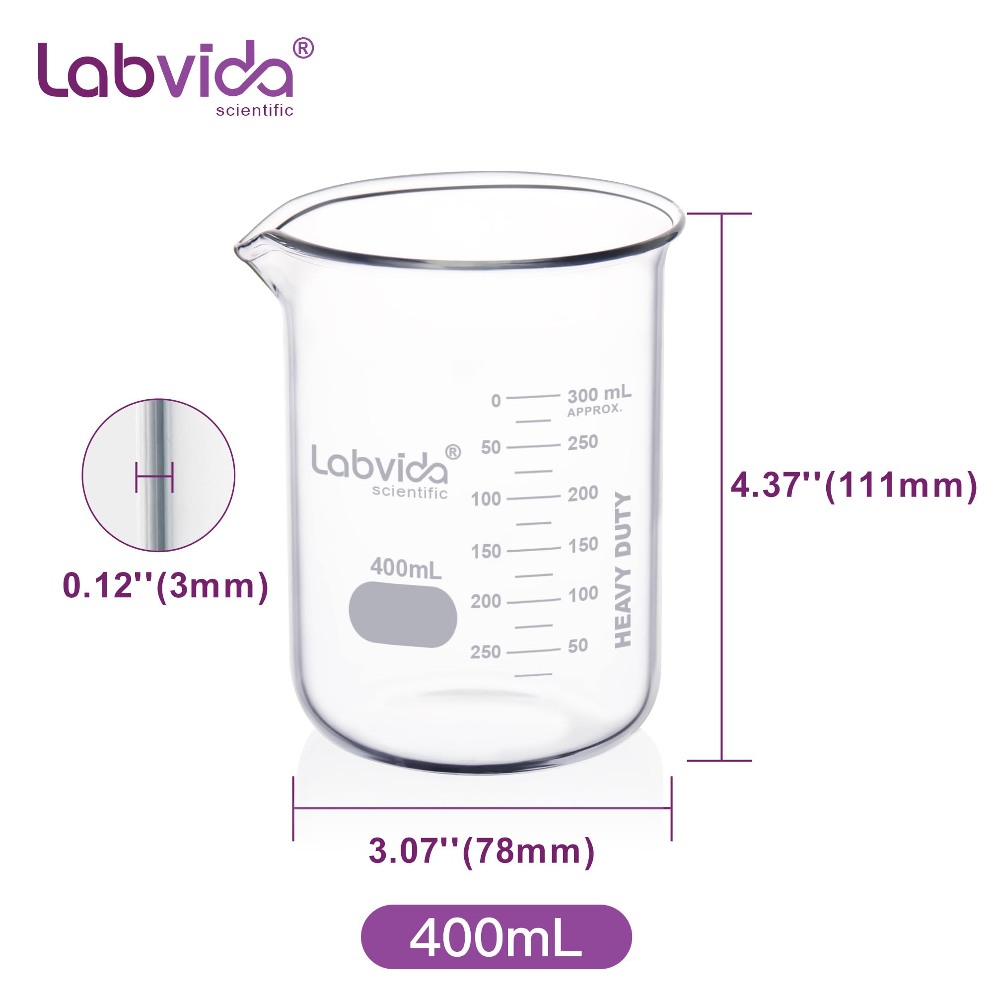 Labvida 6pcs 400ml Upgrated Thick Glass Beakers, Griffin Low Form Beaker Set with Double Scale,3.3 Boro, LVA029