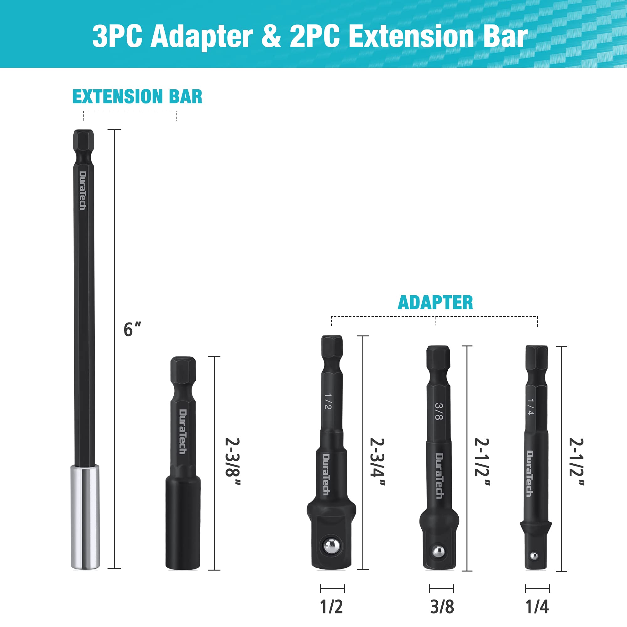 DURATECH 5-Piece Socket Adapters and Extension Bar Set - with 1/4-Inch Hex Shank - 1/4" 3/8" 1/2" Extension Adapter for Impact Drivers/Drills, Premium Cr-V Steel with Black Phosphate Finish