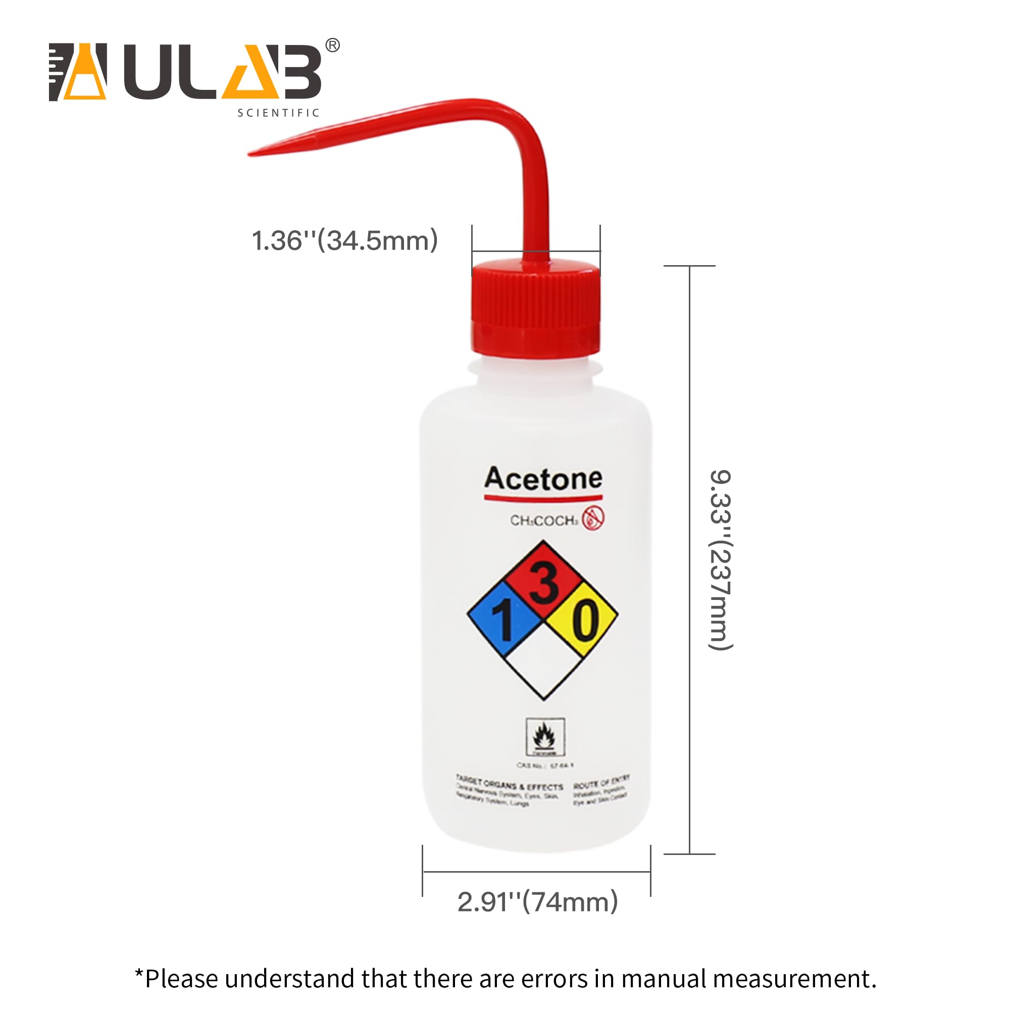 ULAB Safety Wash Bottles, 4pcs of Acetone Wide-Mouth Wash Bottles, LDPE Material, Vol.500ml, UWB1022