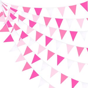 32ft rose hot pink pennant banner fabric triangle flag cotton bunting garland kit for wedding birthday baby shower anniversary party home nursery outdoor garden hanging festivals decoration (36pcs)