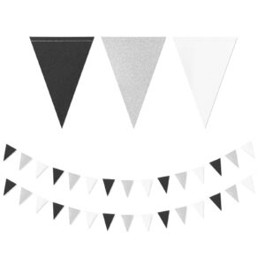 black white silver pennant banner,2 pack glitter sprinkles paper triangle flags, birthday graduation 2023 fathers day wedding baby shower party decorations bunting lasting surprise