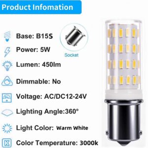 Ba15s 1156 1141 S8 12V-24V Led Bulbs, 5Watt Low Voltage Bayonet Single Contact, 500Lm Warm White 3000K, for RV, Outdoor Landscape Lighting and Camper, Boat Lights. (Pack of 2)