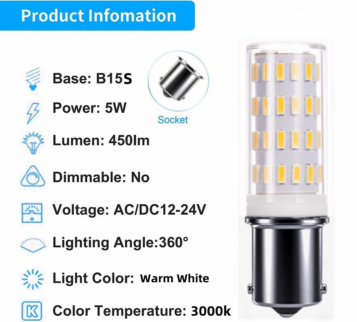 Ba15s 1156 1141 S8 12V-24V Led Bulbs, 5Watt Low Voltage Bayonet Single Contact, 500Lm Warm White 3000K, for RV, Outdoor Landscape Lighting and Camper, Boat Lights. (Pack of 2)