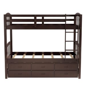 Harper & Bright Designs Twin Over Twin Bunk Bed with Trundle and Storage Drawers Wood Bunk Beds Frame for Kids Girls Boys Teens, Espresso