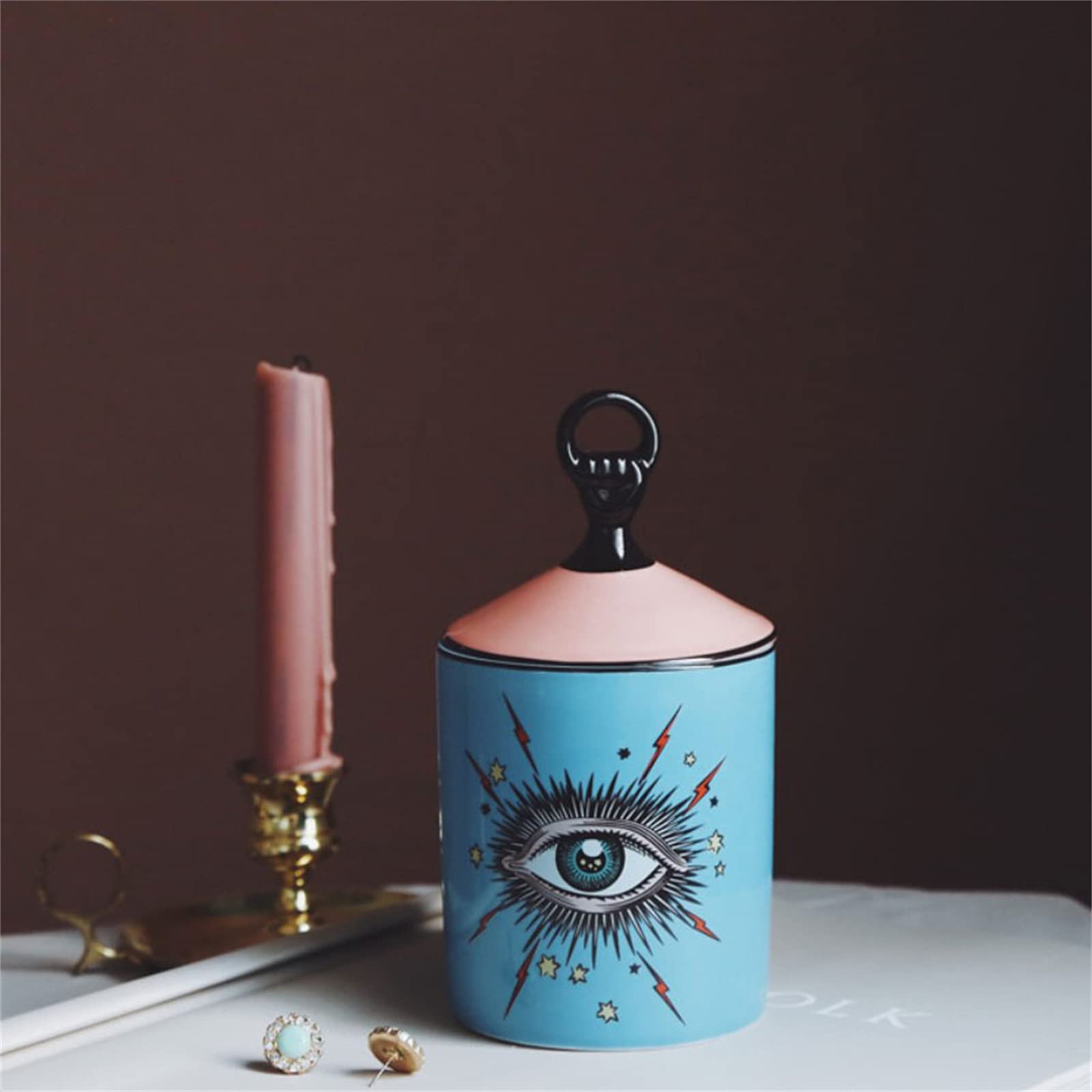 Big Eye Starry Sky Aromatherapy Candle Jar with Lid Ceramic Makecup Cotton Swab Holder Home Deocrative Bottler, Home Fireplace Kitchen Dining Decor for Living Room Knick Knacks Candle Holders