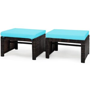 tangkula 2 pieces patio rattan ottomans, all weather outdoor footstool footrest seat with soft cushion, hidden zipper, high-density sponge, wicker ottoman seat for patio, garden, poolside (turquoise)