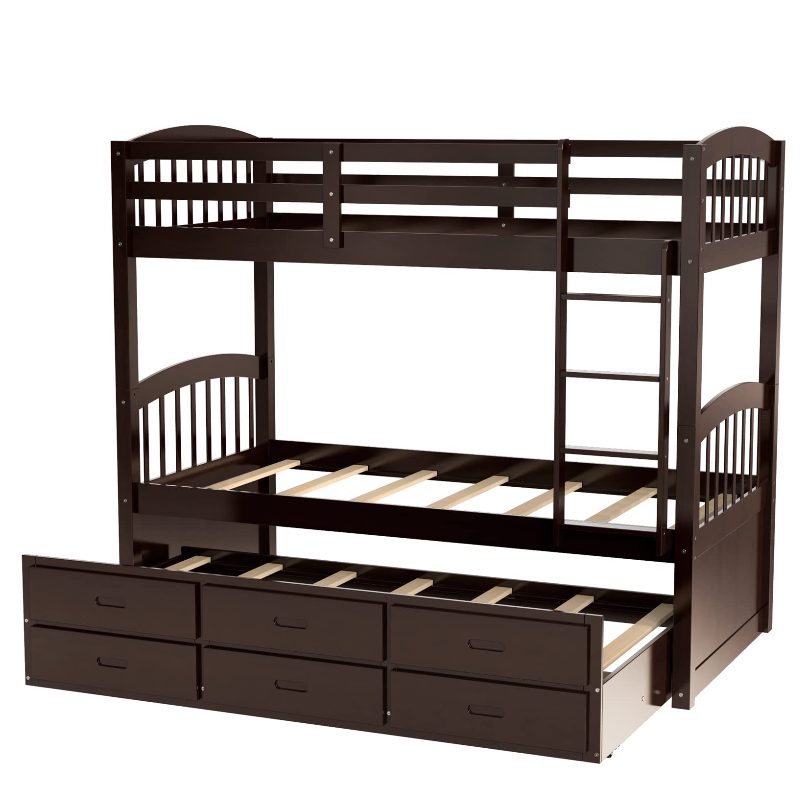 Harper & Bright Designs Twin Over Twin Bunk Bed with Trundle and Storage Drawers Wood Bunk Beds Frame for Kids Girls Boys Teens, Espresso