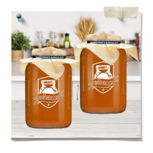 Printed Kombucha Jar 2 Pack - 1 Gallon Glass Jars for Homebrewing- Brew Notes Printed On Jar - Includes Muslin Cover, Rubber Band, Temp Strip - Lid Included for Storage - Perfect Home For Your SCOBY