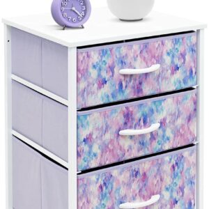 Sorbus Nightstand Storage Organizer with 3 Drawers - Kids Girls, Boys Bedroom Furniture Storage Chest for Clothes, Closet Organization - Steel Frame, Wood Top, Tie-dye Fabric Bin (Blue/Pink/Purple)