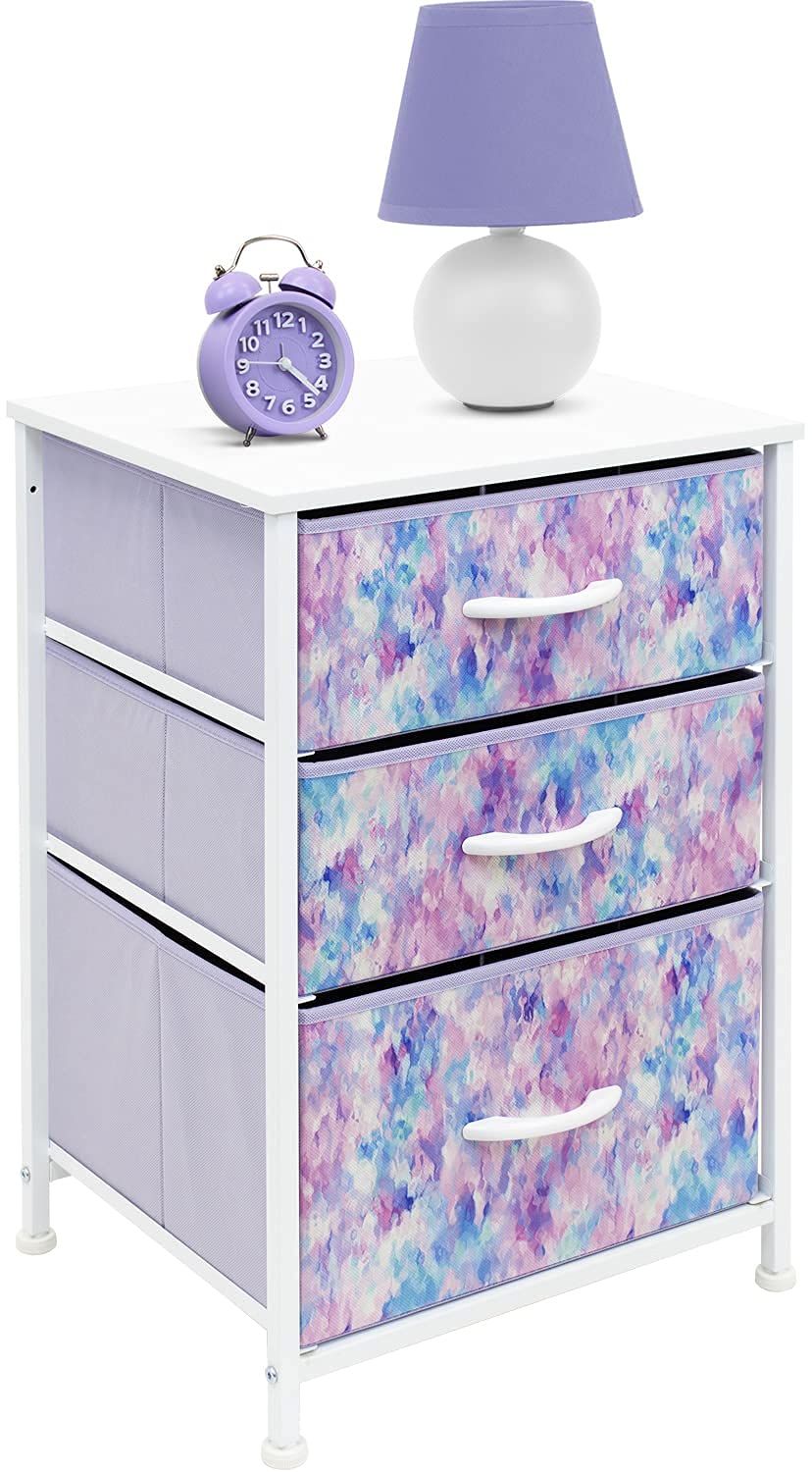 Sorbus Nightstand Storage Organizer with 3 Drawers - Kids Girls, Boys Bedroom Furniture Storage Chest for Clothes, Closet Organization - Steel Frame, Wood Top, Tie-dye Fabric Bin (Blue/Pink/Purple)