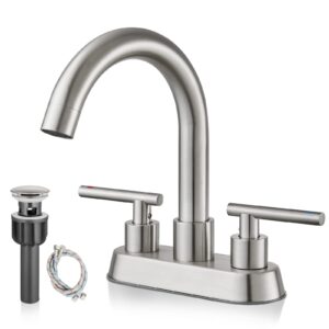 gotonovo 4 inch centerset modern bathroom sink faucet 2 hole brushed nickel swivel spout 2-handle deck mounted lavatory faucet with water supply lines and pop up drain