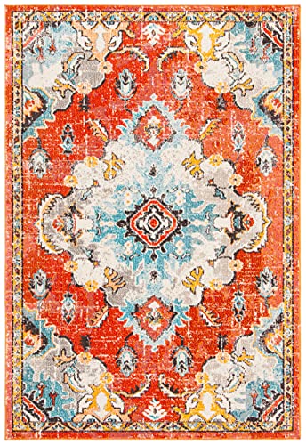 Safavieh Madison Collection 3' x 5' OrangeLight Blue MAD484P Boho Chic Medallion Distressed Non-Shedding Living Room Bedroom Entryway Accent Rug