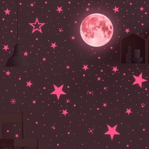 Glow in The Dark Stars and Moon Stickers for Ceiling, Luminous Wall Decals Decor for Bedroom Living Room, 407 dots + 27 Stars + 30cm Moon (Pink)