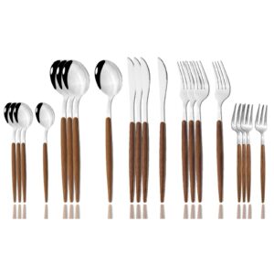 jashii 20 pieces wood stainless steel cutlery set wooden handle flatware set knife fork spoon, kitchen utensil service for 4, mirror polished - silver