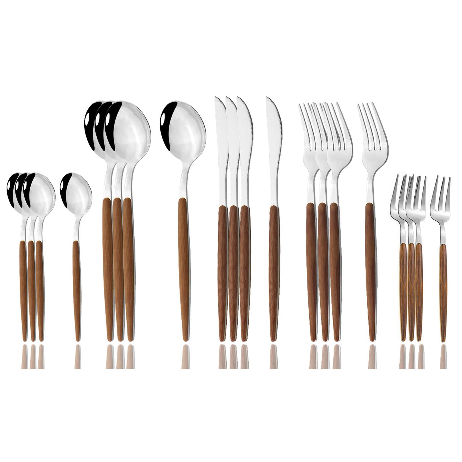 JASHII 20 Pieces Wood Stainless Steel Cutlery Set Wooden Handle Flatware Set Knife Fork Spoon, Kitchen Utensil Service for 4, Mirror Polished - Silver