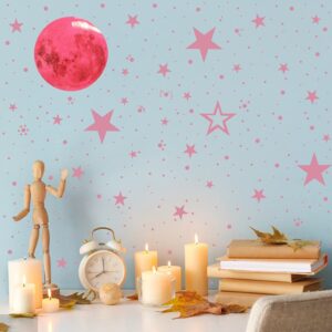 Glow in The Dark Stars and Moon Stickers for Ceiling, Luminous Wall Decals Decor for Bedroom Living Room, 407 dots + 27 Stars + 30cm Moon (Pink)