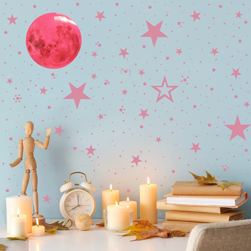 Glow in The Dark Stars and Moon Stickers for Ceiling, Luminous Wall Decals Decor for Bedroom Living Room, 407 dots + 27 Stars + 30cm Moon (Pink)