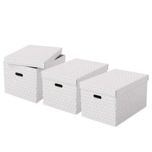 esselte large storage box with lid, pack of 3, home/office storage & organisation, 100% recycled cardboard, 100% recyclable, geometric design, white, 628286