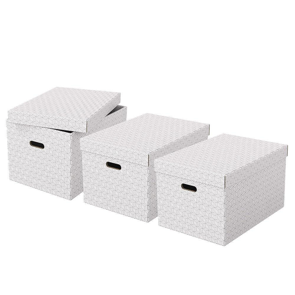 Esselte Large Storage Box With Lid, Pack Of 3, Home/Office Storage & Organisation, 100% Recycled Cardboard, 100% Recyclable, Geometric Design, White, 628286