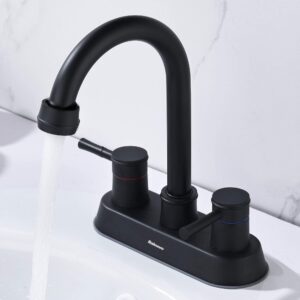 rainovo 4 inch centerset matte black bathroom faucet with pop-up sink drain, bathroom vanity sink faucet 3-hole stainless steel high arc, supply utility hose for laundry faucet 2 handles with overflow