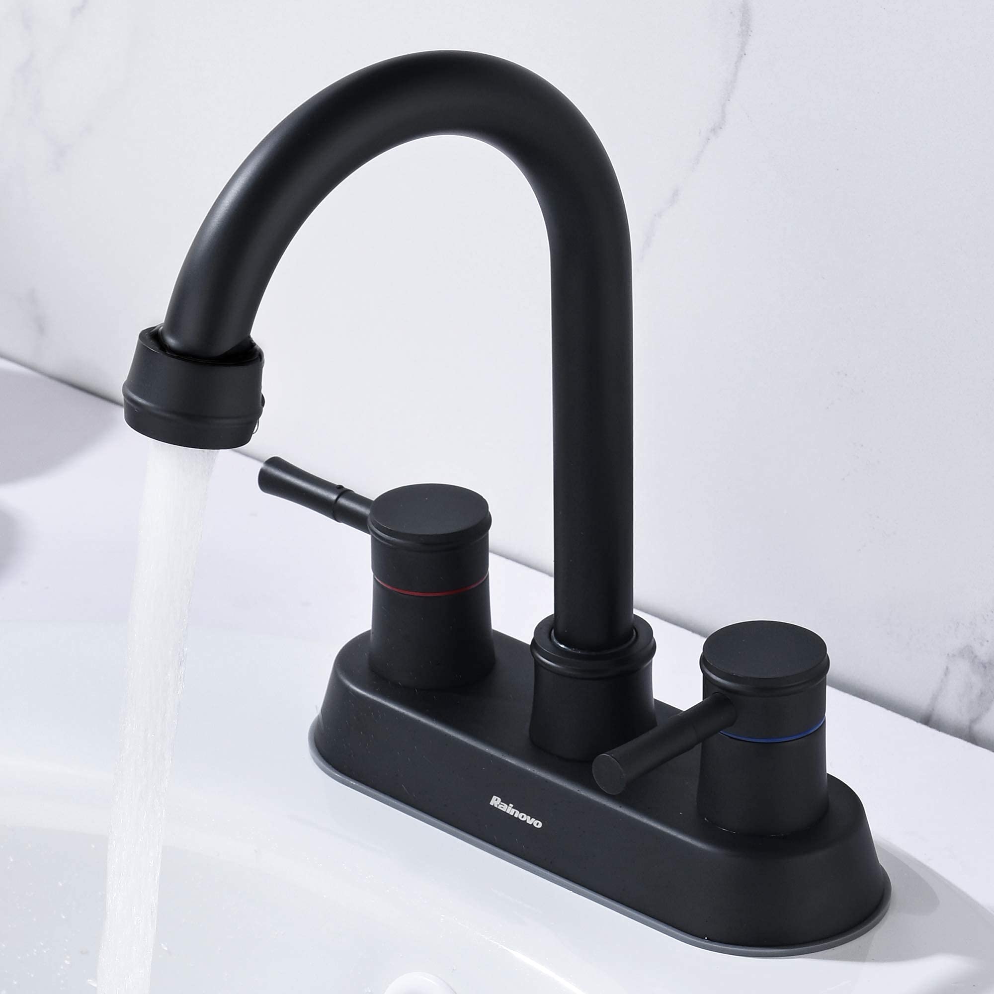 Rainovo 4 Inch Centerset Matte Black Bathroom Faucet with Pop-Up Sink Drain, Bathroom Vanity Sink Faucet 3-Hole Stainless Steel High Arc, Supply Utility Hose for Laundry Faucet 2 Handles with Overflow