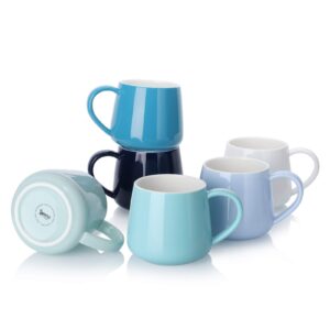 sweese porcelain coffee mugs set of 6, 12 ounce coffee cups with handle for coffee, tea, cocoa, blue assorted colors coffee mugs with modern design for great gift option, microwave safe