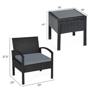 HAPPYGRILL 3 Pieces Patio Conversation Set Outdoor Wicker Furniture Set Rattan Table Chairs Set with Seat Cushions Modern Bistro Set with Coffee Table for Garden Balcony Backyard