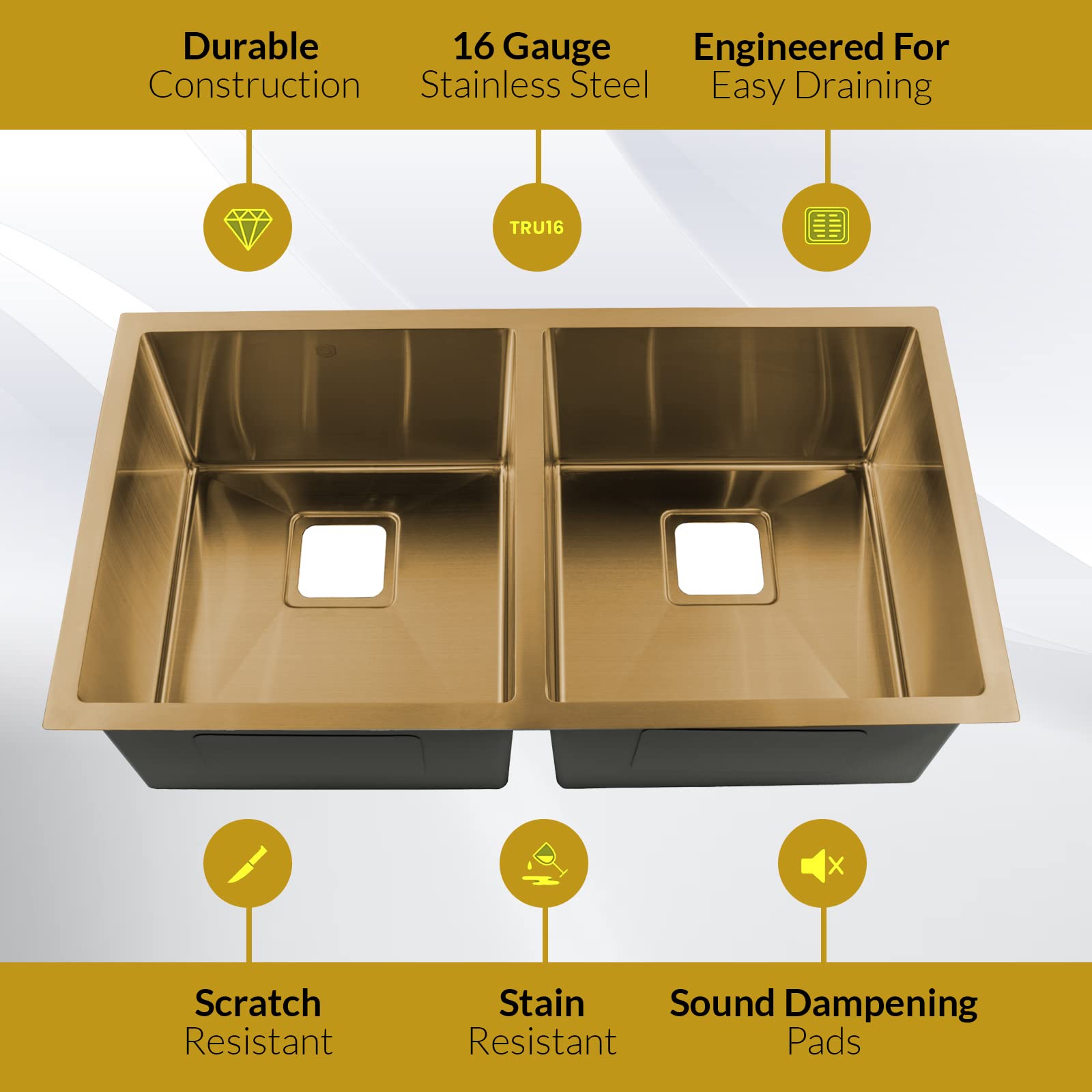 Strictly Sinks 32 Inch Undermount Kitchen Sink - 16 Guage 50/50 Double Bowl Kitchen Sink - Stain & Rust Resistant Gold Kitchen Sink with Bottom Grid, 1 Disposal Adapter & 2 Strainer Drains