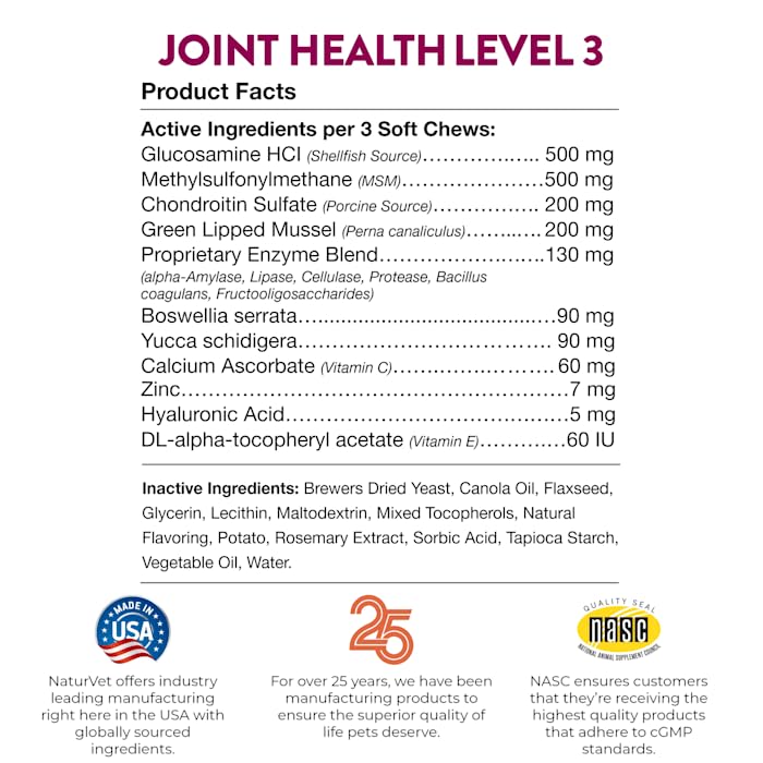 NaturVet Joint Health Level 3 Dog Soft Chew, 15.2 oz., Count of 240, 240 CT