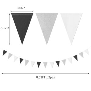 Black White Silver Pennant Banner,2 Pack Glitter Sprinkles Paper Triangle Flags, Birthday Graduation 2023 Fathers Day Wedding Baby Shower Party Decorations Bunting Lasting Surprise