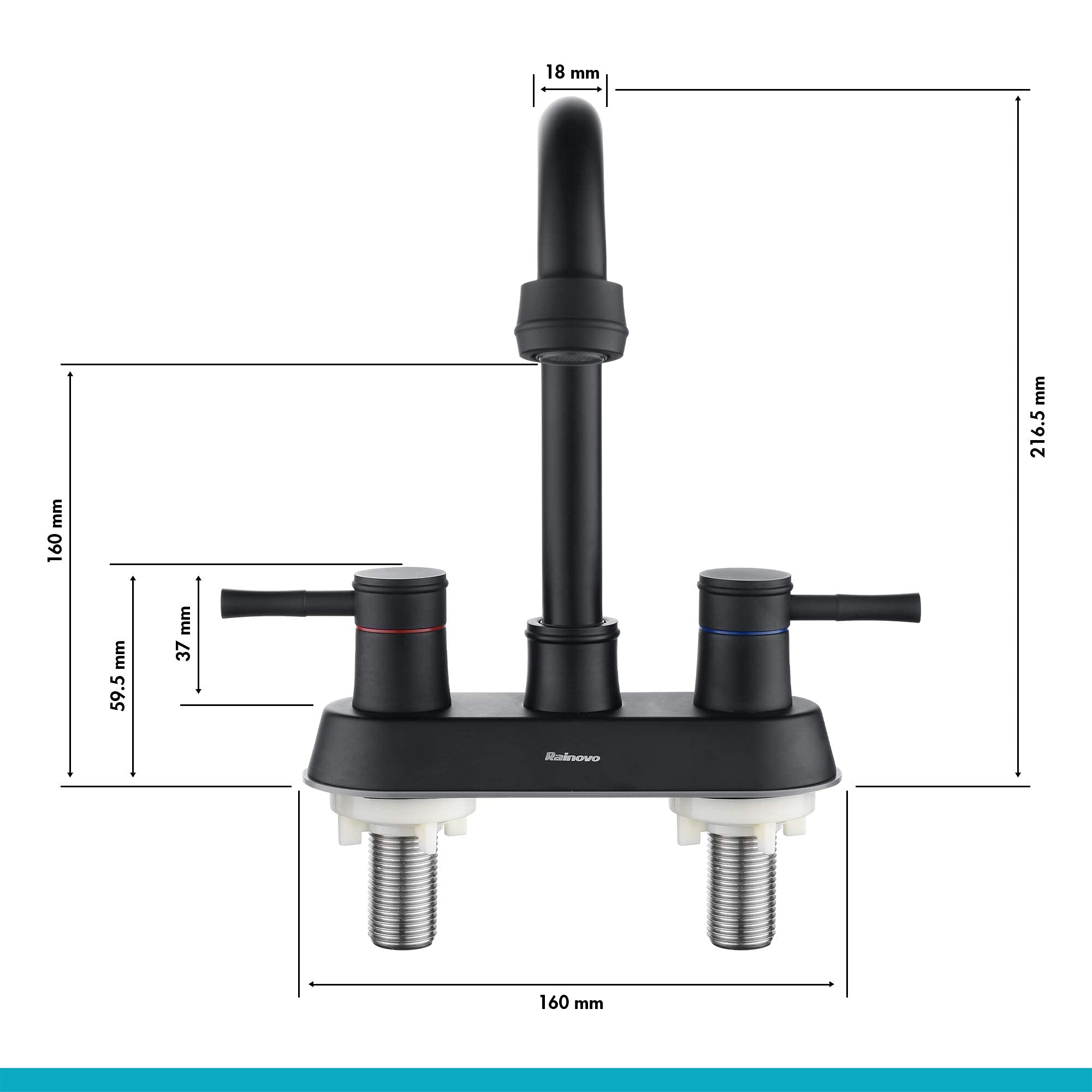 Rainovo 4 Inch Centerset Matte Black Bathroom Faucet with Pop-Up Sink Drain, Bathroom Vanity Sink Faucet 3-Hole Stainless Steel High Arc, Supply Utility Hose for Laundry Faucet 2 Handles with Overflow