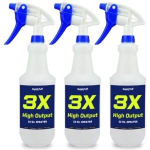 supplytuff 3x high output heavy duty spray bottles for cleaning solutions, 3 pack, 32 oz professional industrial spray bottles for commercial, household cleaning and car detailing.