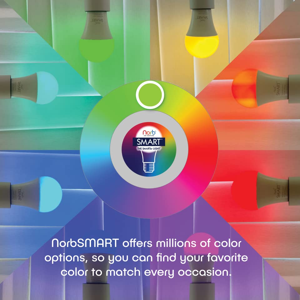 NorbSMART Smart Light Bulb LED - Color Changing Light Bulbs, Tunable Day and Night Spectra, Works with Alexa, Echo & Google Home Assistant, 9W, A19, E26, Dimmable, No Hub Required, Multicolor, 1-Pack