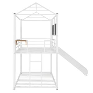 Harper & Bright Designs Bunk Bed with Slide, House Bunk Beds Metal Frame Twin Over Twin Bunk Bed for Kids Toddlers Girls Boys, White