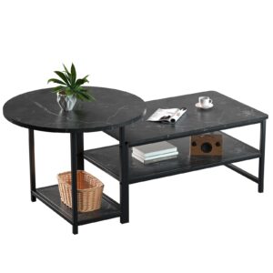 wohomo coffee table, black modern coffee tables for living room 2 in 1detachable small center table set with storage, black marble