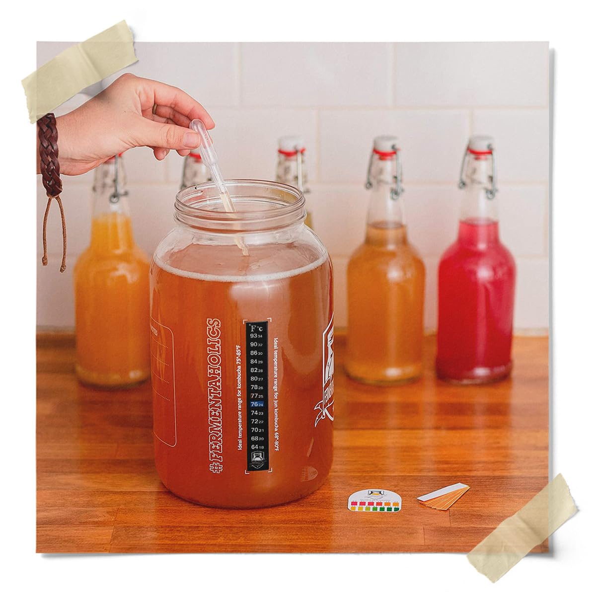 Printed Kombucha Jar 2 Pack - 1 Gallon Glass Jars for Homebrewing- Brew Notes Printed On Jar - Includes Muslin Cover, Rubber Band, Temp Strip - Lid Included for Storage - Perfect Home For Your SCOBY