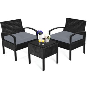 happygrill 3 pieces patio conversation set outdoor wicker furniture set rattan table chairs set with seat cushions modern bistro set with coffee table for garden balcony backyard