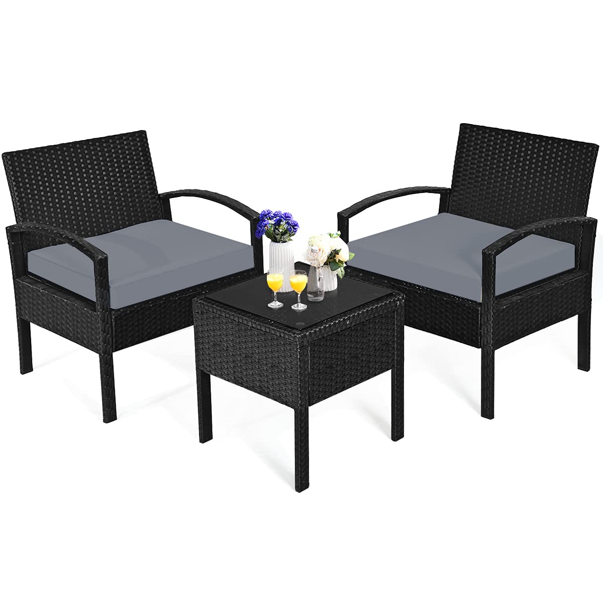 HAPPYGRILL 3 Pieces Patio Conversation Set Outdoor Wicker Furniture Set Rattan Table Chairs Set with Seat Cushions Modern Bistro Set with Coffee Table for Garden Balcony Backyard