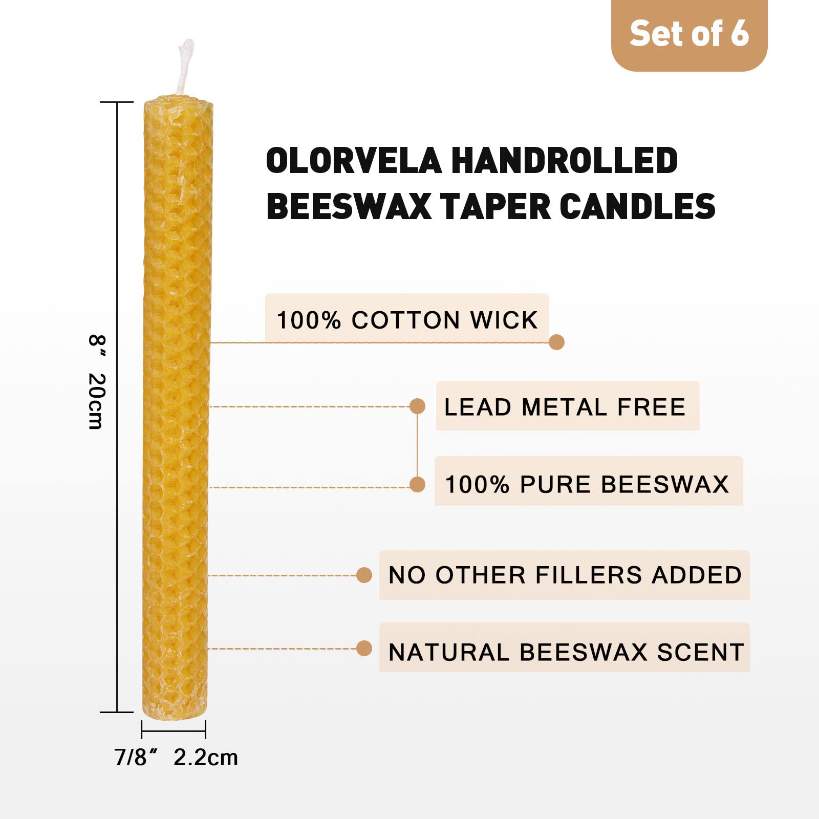 olorvela Beeswax Candles Handmade Taper Candles 6Pack 8" Hand-Rolled Candlesticks Made of 100% Pure Beeswax, Natural Scent Beeswax Tapers(Raw)