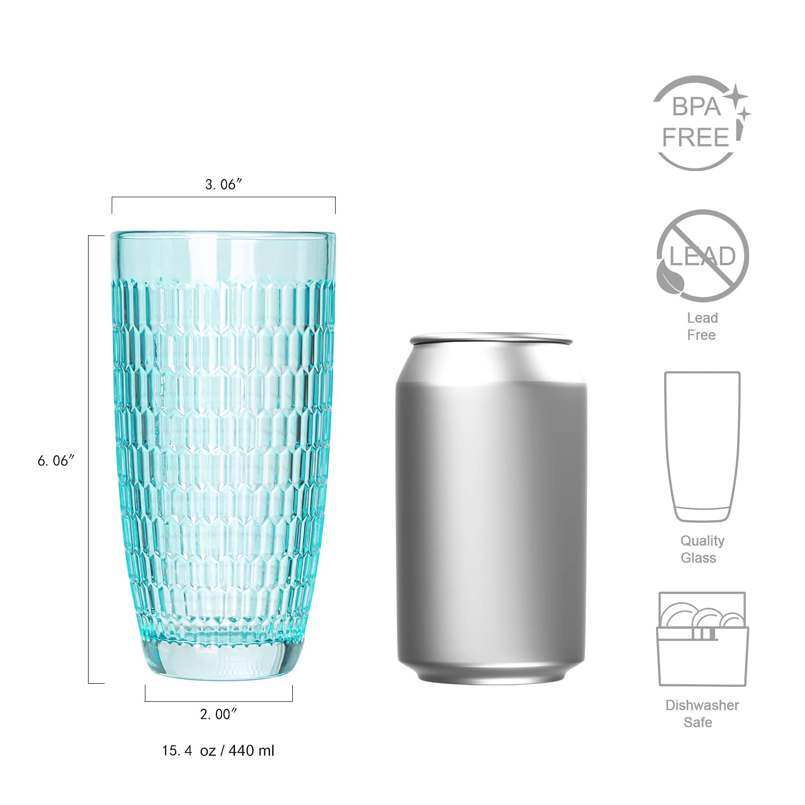 CREATIVELAND Highball Beverage Glasses Set of 6 TURQUOISE Colored Thick & Heavy Base Big Capacity 14.87oz|440ml, Drinking Glass Tumbler for Iced Tea, Water, Soda & Juice and Cocktails etc