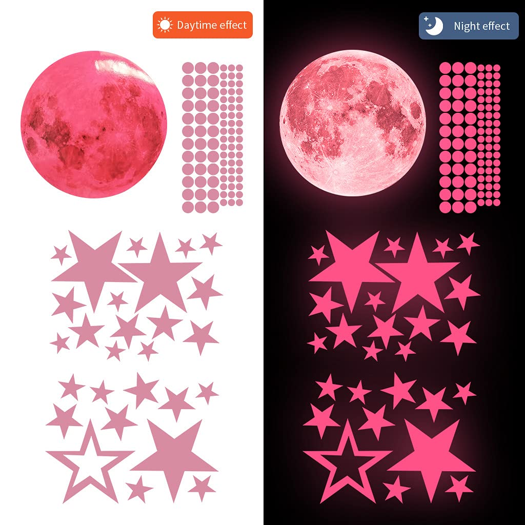 Glow in The Dark Stars and Moon Stickers for Ceiling, Luminous Wall Decals Decor for Bedroom Living Room, 407 dots + 27 Stars + 30cm Moon (Pink)