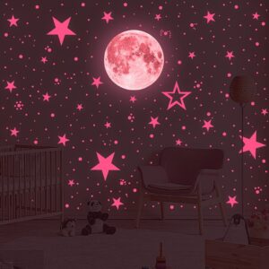 glow in the dark stars and moon stickers for ceiling, luminous wall decals decor for bedroom living room, 407 dots + 27 stars + 30cm moon (pink)