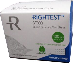 bionime rightest gt333 blood glucose test strips for use with rightest gt333 meter - blood sugar monitoring for diabetics, box of 100