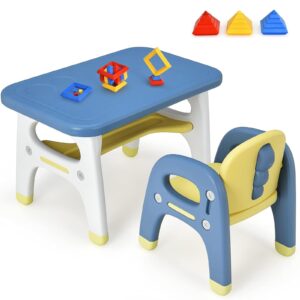 costzon toddler table and chair set, cute dinosaur children activity art sturdy desk set w/storage rack & montessori toys building blocks, kids table and chair for baby boys girls (blue)