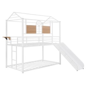 Harper & Bright Designs Bunk Bed with Slide, House Bunk Beds Metal Frame Twin Over Twin Bunk Bed for Kids Toddlers Girls Boys, White