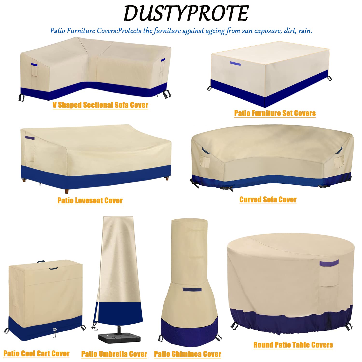 DUSTYPROTE Curved Sofa Cover,Outdoor Couch Cover 600D，Outdoor Sectional Covers Waterproof 120" L(Back)/82" L(Front) x 36" D x 38" H, Khaki with Dark Blue, Cover Only