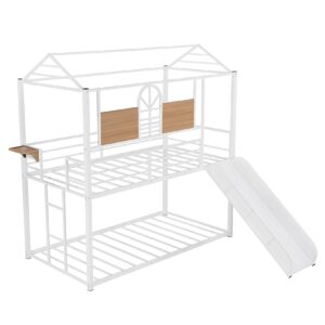 Harper & Bright Designs Bunk Bed with Slide, House Bunk Beds Metal Frame Twin Over Twin Bunk Bed for Kids Toddlers Girls Boys, White