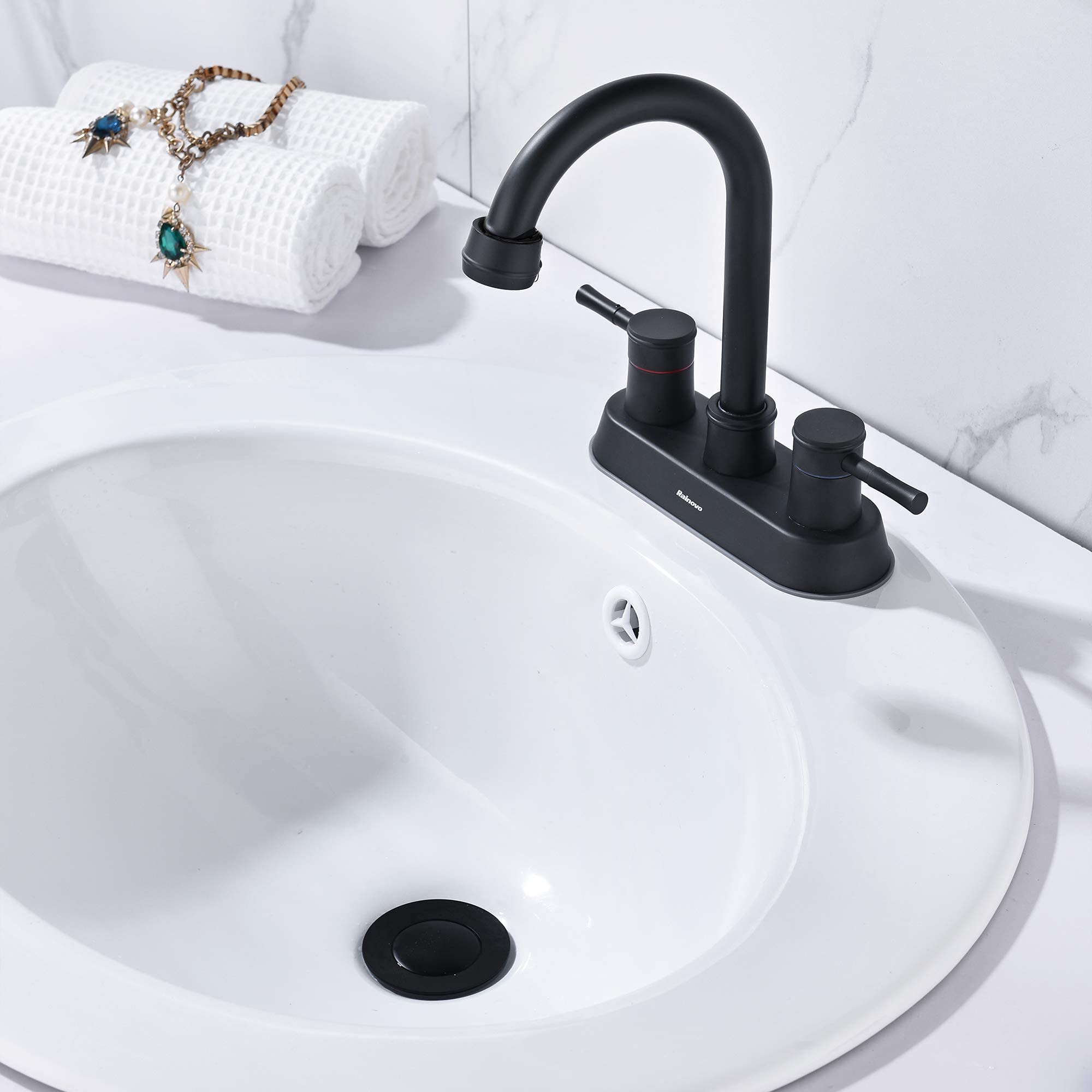 Rainovo 4 Inch Centerset Matte Black Bathroom Faucet with Pop-Up Sink Drain, Bathroom Vanity Sink Faucet 3-Hole Stainless Steel High Arc, Supply Utility Hose for Laundry Faucet 2 Handles with Overflow